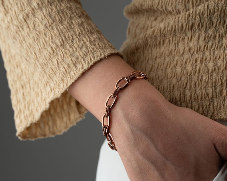 Pure Copper Link Chain Bracelet, Twisted Rope Textured Bangle, Solid ...