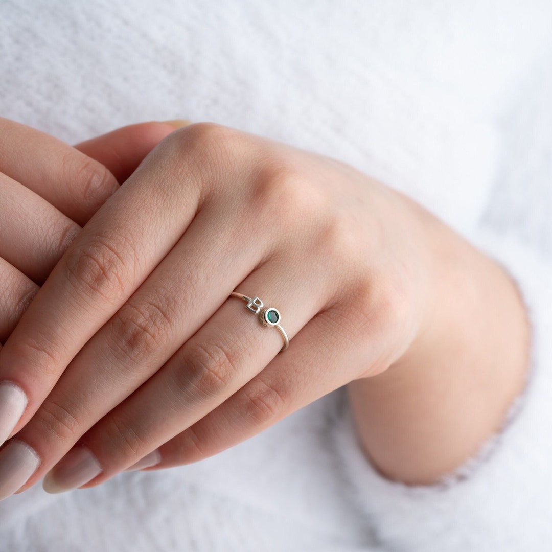 Initial and Birthstone Ring in Sterling Silver Birthstone Ring Tiny Initial Ring With Birthstone ...