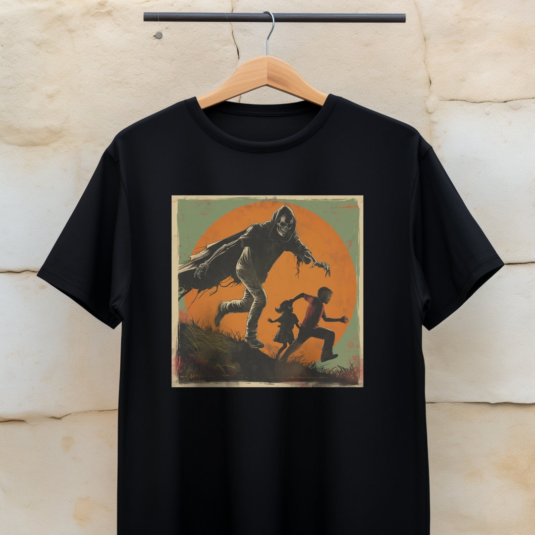 Retro Horror Graphic Tee: Vintage Halloween Skeleton Chasing Kids - Etsy