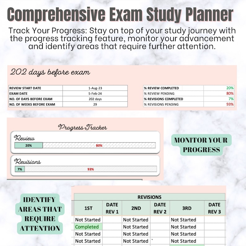 Exam Study Planner Tracker Schedule Calendar Template EXCEL FILE Easy and Customizable for ...