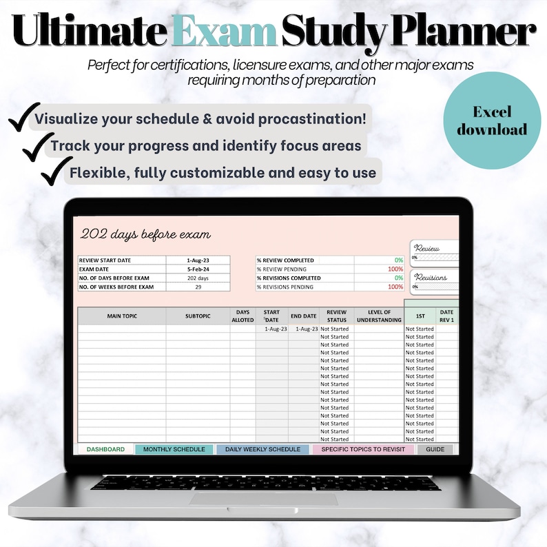Exam Study Planner Tracker Schedule Calendar Template EXCEL FILE Easy ...