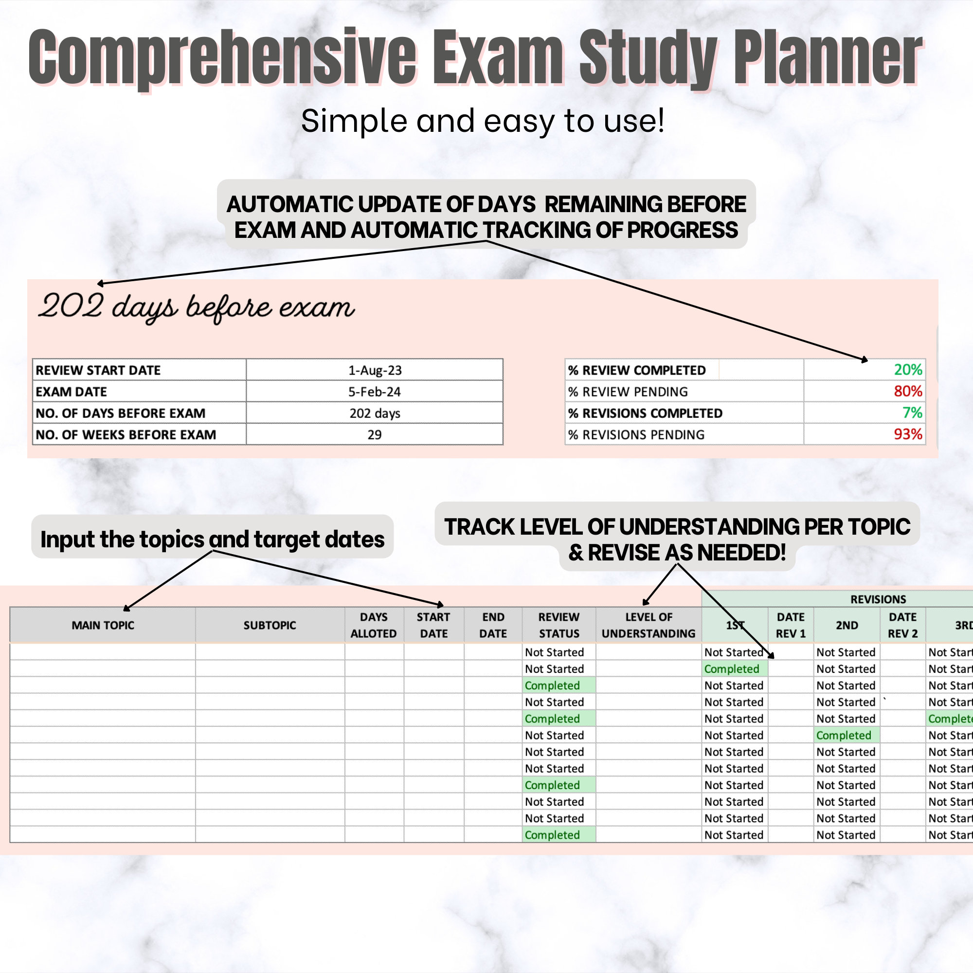 Exam Study Planner Tracker Schedule Calendar Template EXCEL FILE Easy ...
