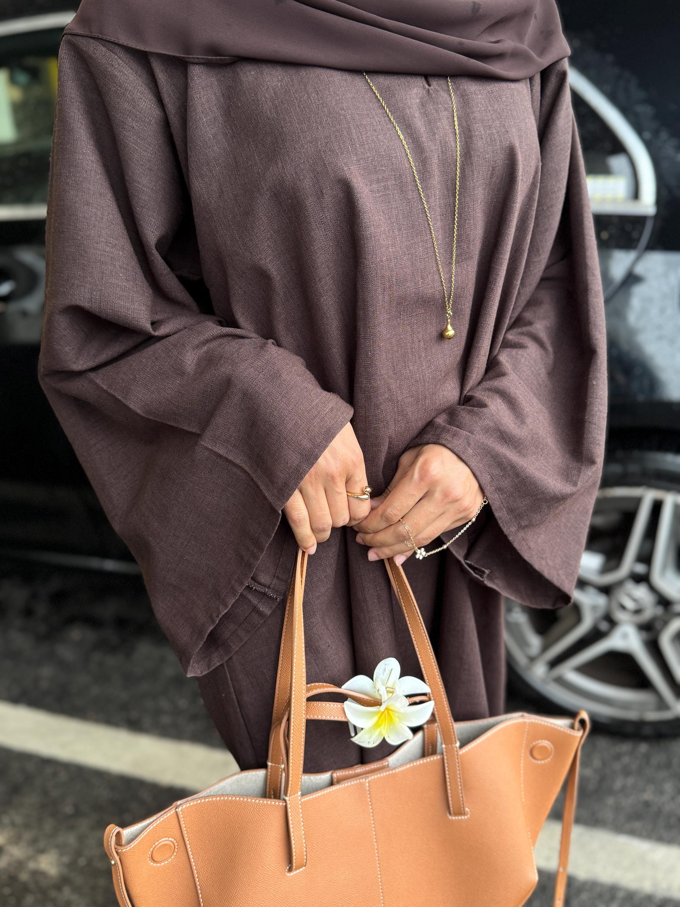 Pure Linen Closed Abaya With Pockets Flowy Bell Sleeve Kaftan Dress ...
