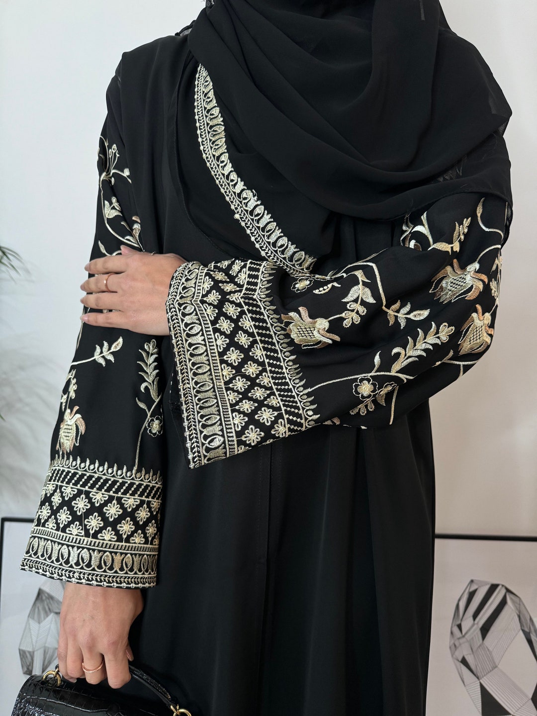 Sofia Embroidered Open Abaya - Black Abaya With Gold Embroidery on ...