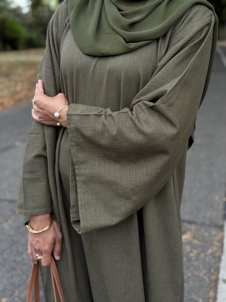 Pure Linen Closed Abaya With Pockets Flowy Bell Sleeve Kaftan Dress ...