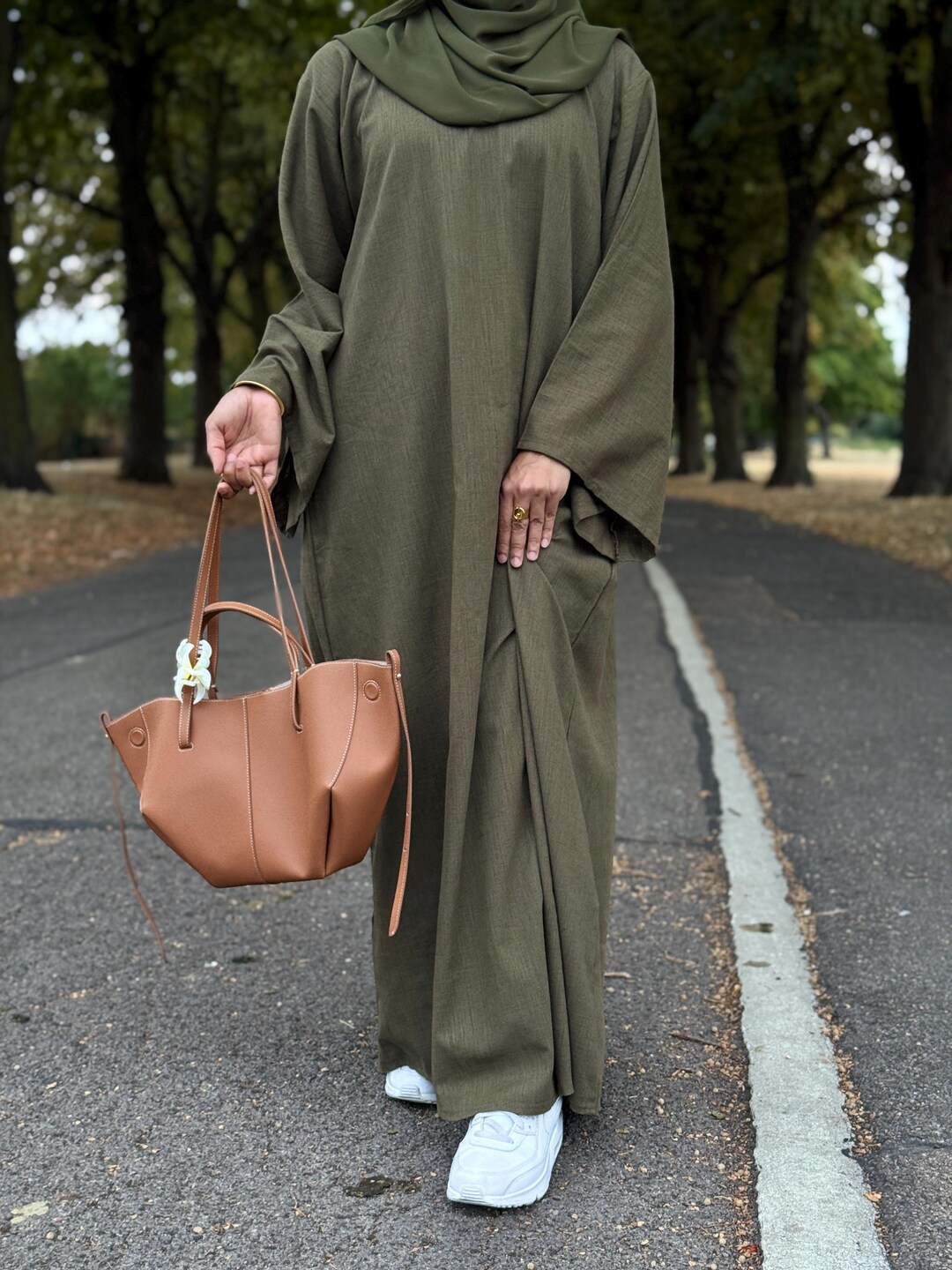 Pure Linen Closed Abaya With Pockets Flowy Bell Sleeve Kaftan Dress ...