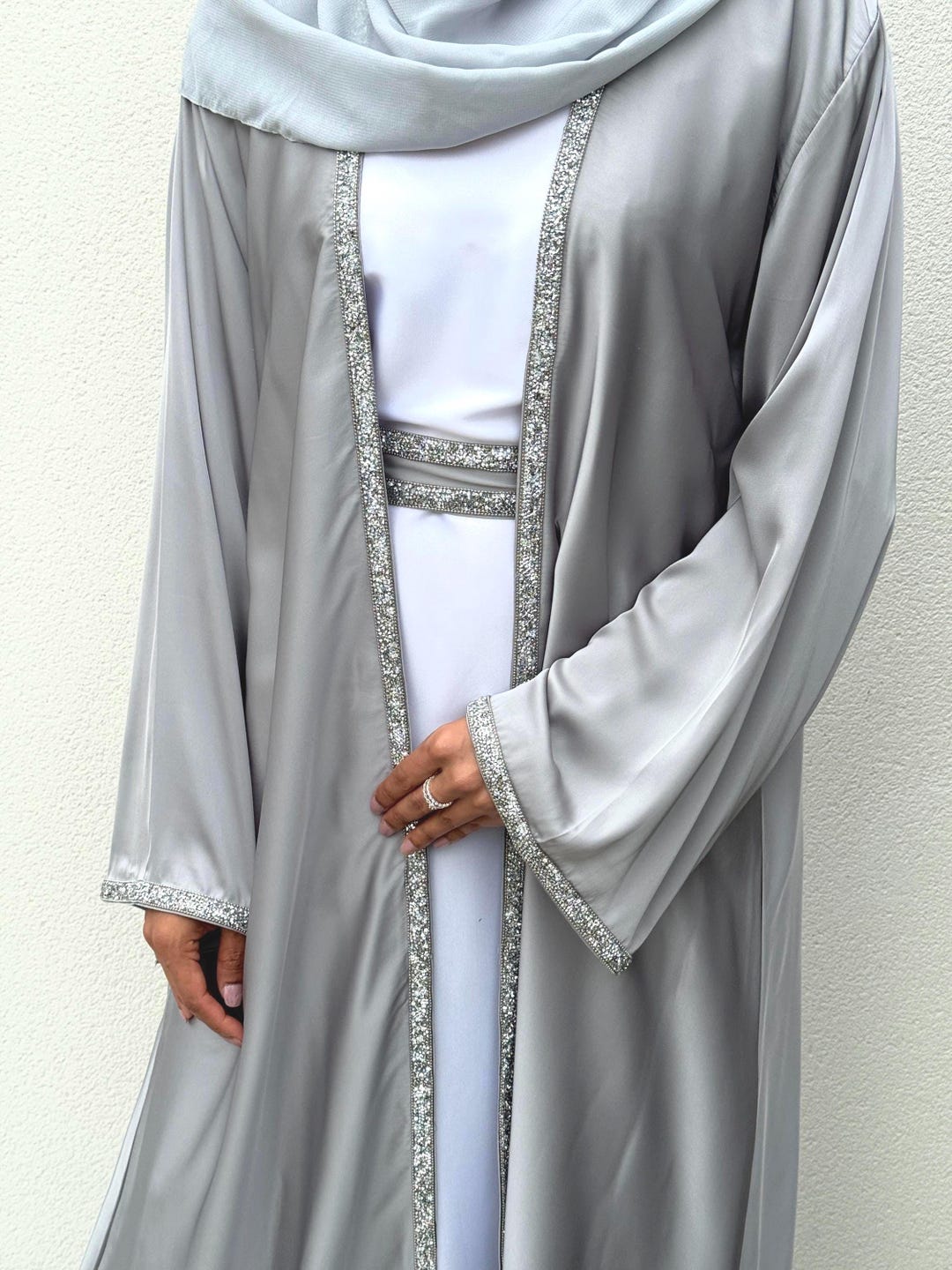 Julia Luxury Satin Silk 4-piece Abaya Set | Elegant Silver Grey ...