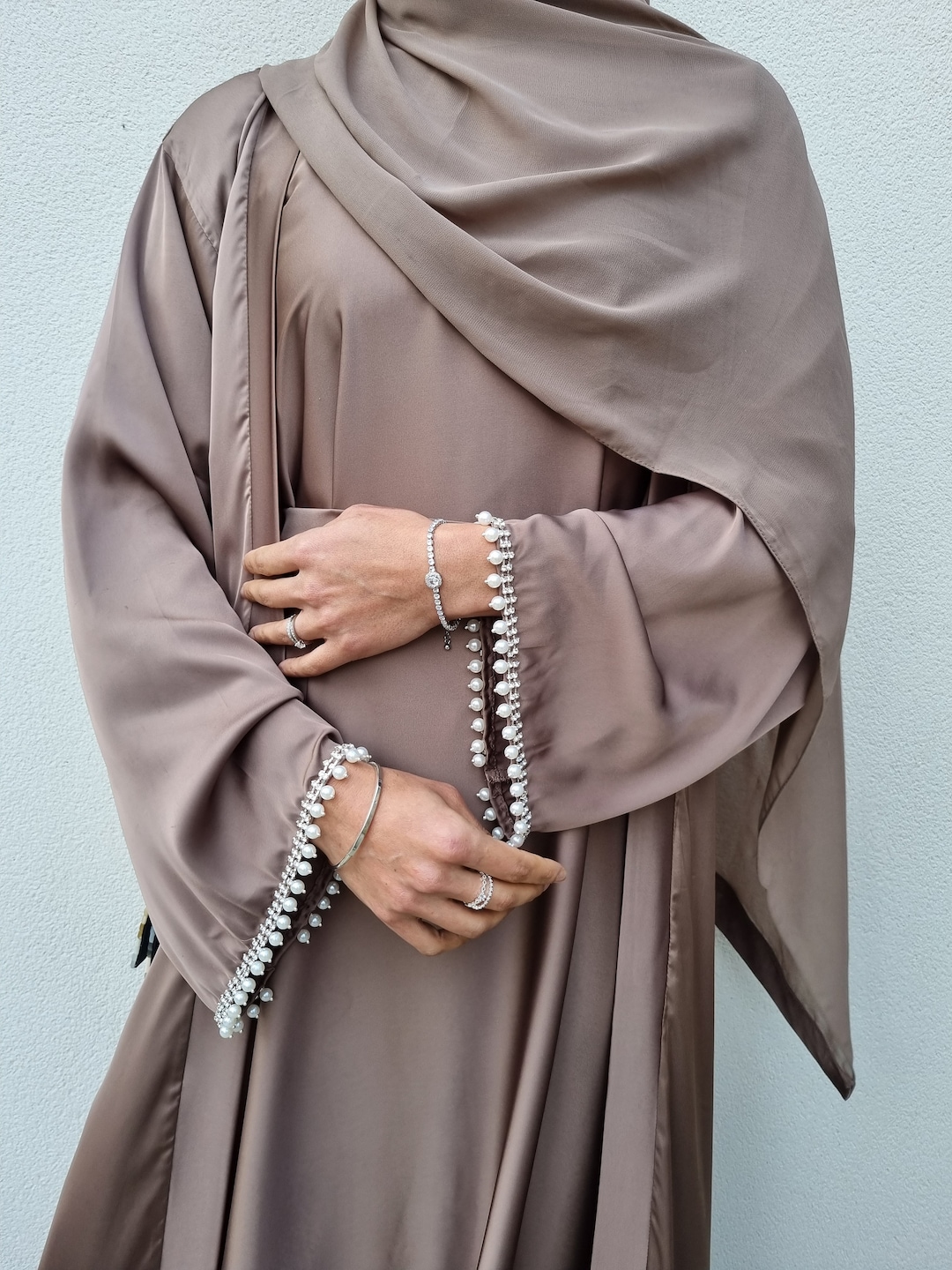 Opulent Yasmin Satin Abaya 4-piece Set - Pearl and Diamanté ...