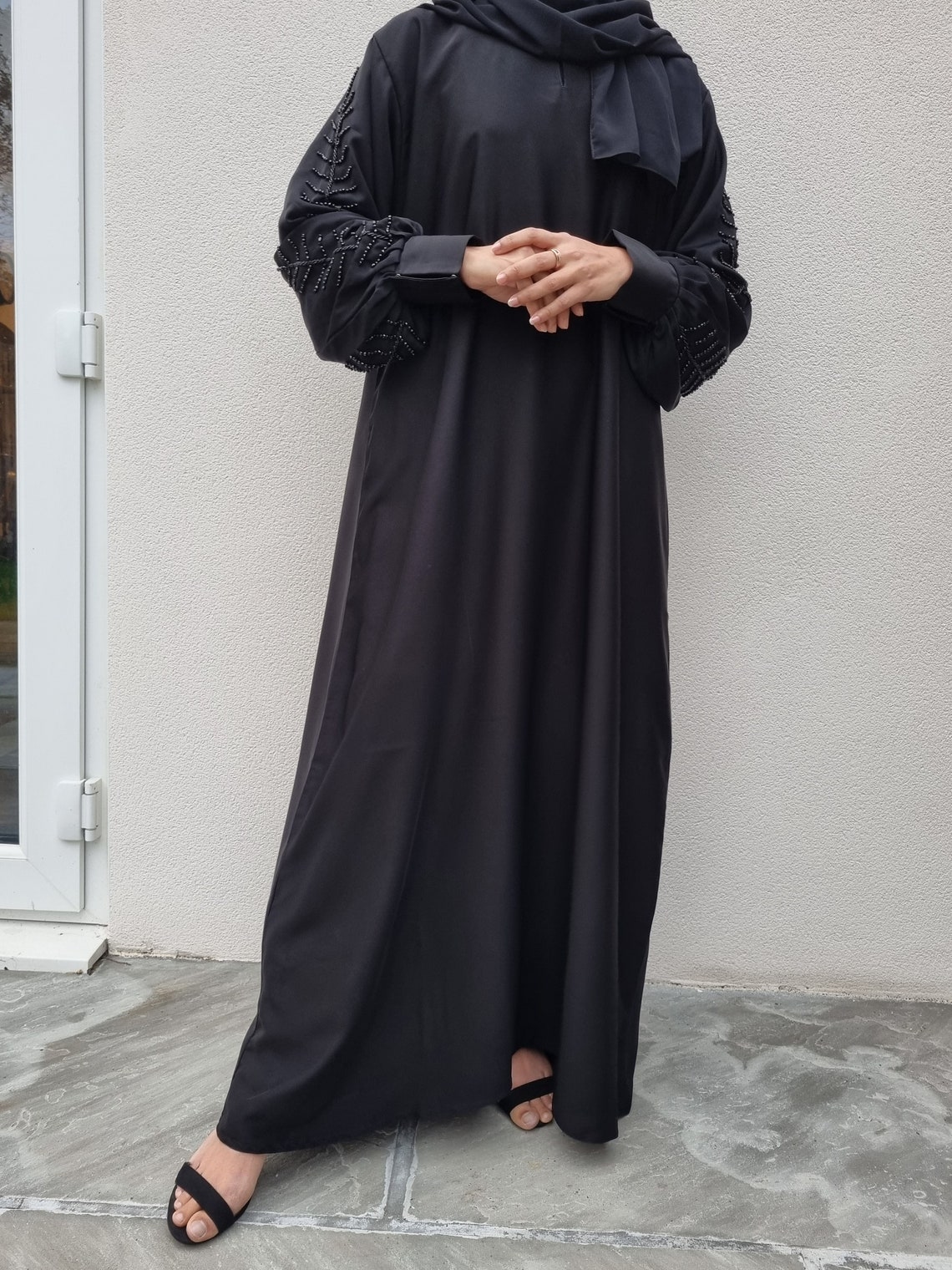 Azra Black Closed Abaya With Handwork - Premium Nida Fabric Modest Wear ...