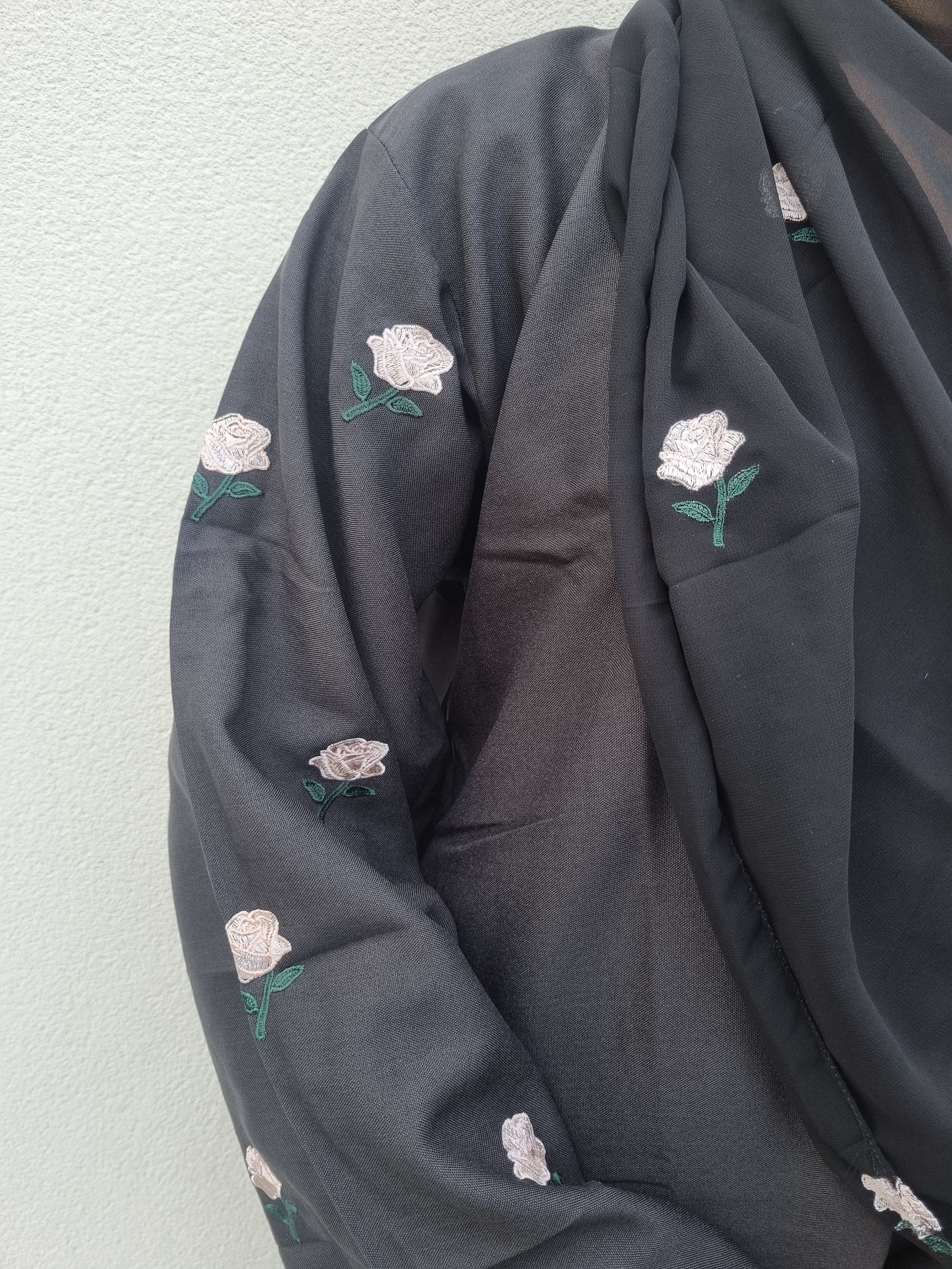 Rose Floral Embroidery Linen Abaya in Black With Luxury Embroidered Hijab Abaya With Pink Roses ...
