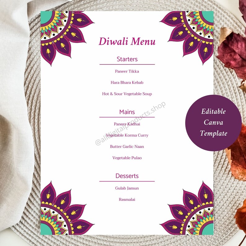 Diwali Editable Diwali Menu Template Menu Template Menu Canva Template ...