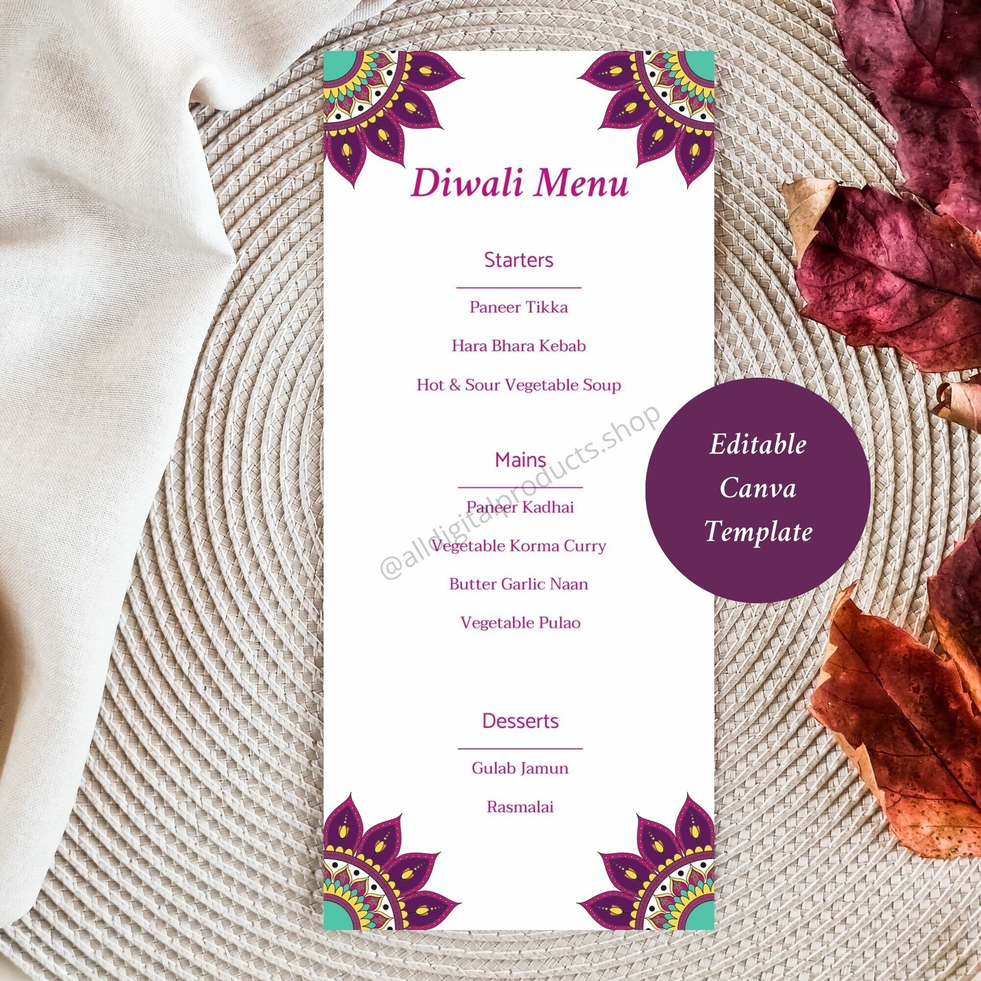 Diwali Editable Diwali Menu Template Menu Template Menu Canva Template ...