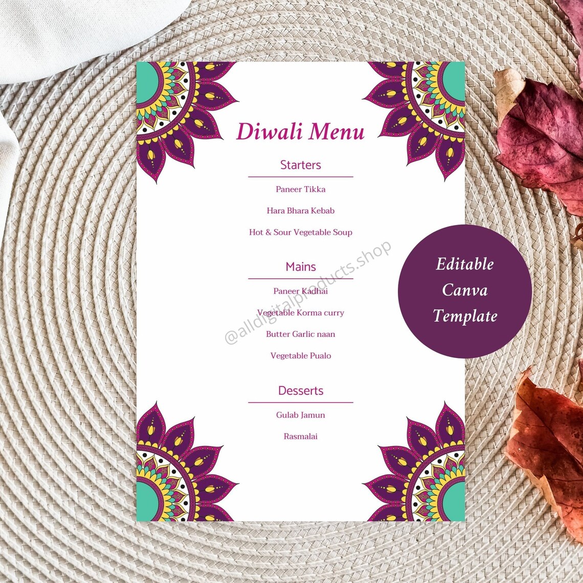 Diwali Editable Diwali Menu Template Menu Template Menu Canva Template ...