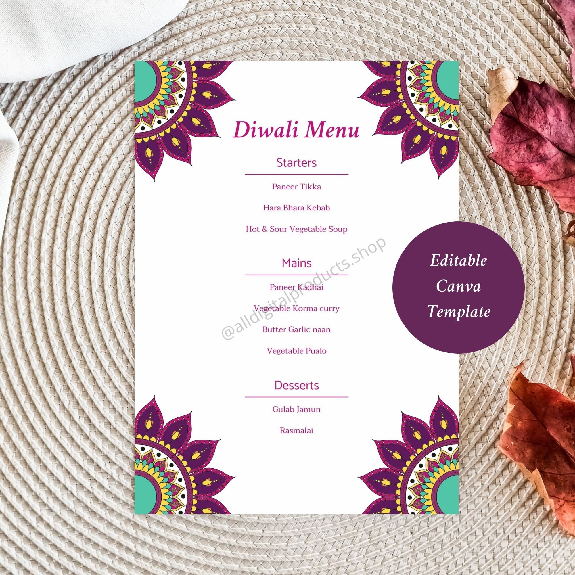 Diwali Editable Diwali Menu Template Menu Template Menu Canva Template ...