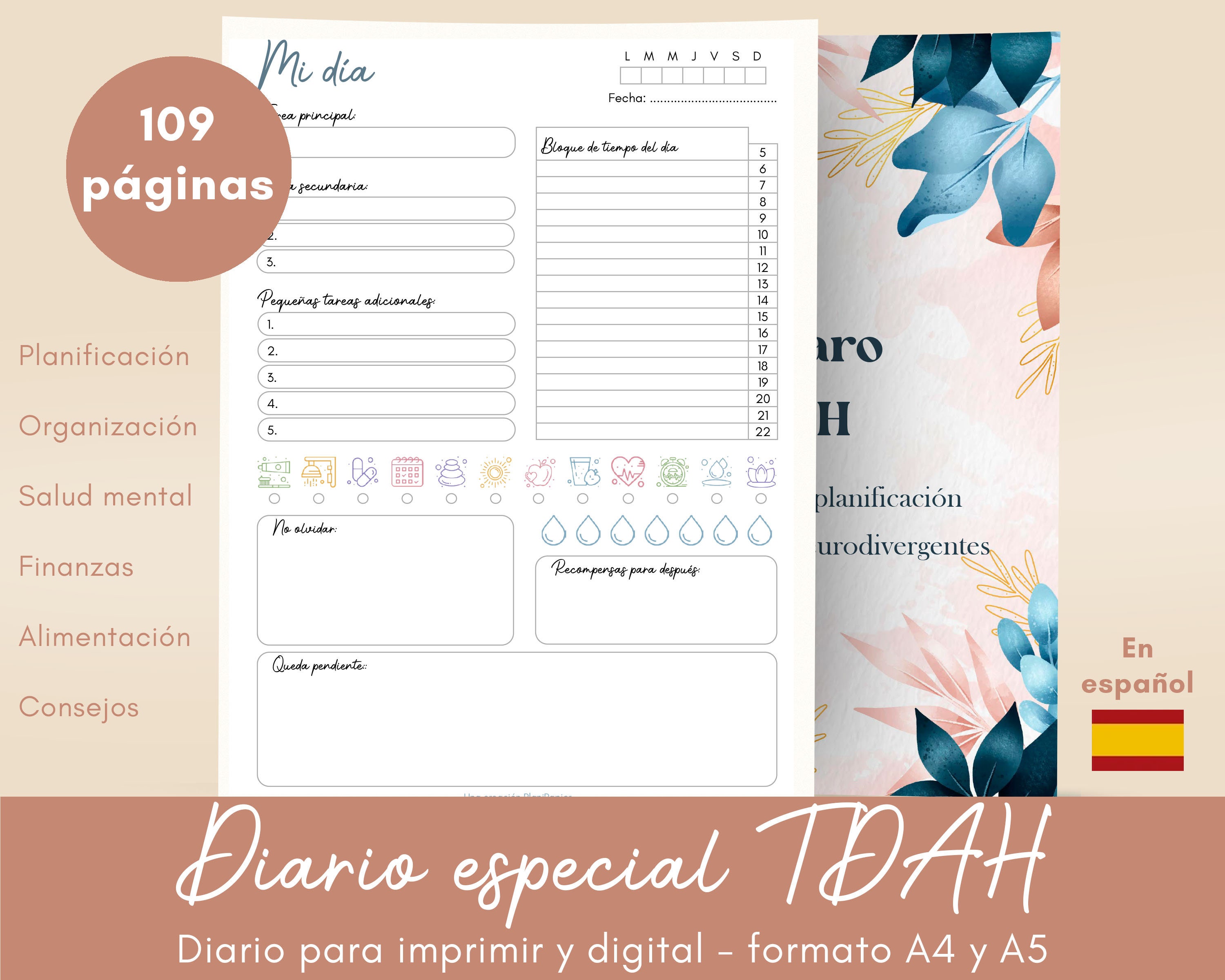 ADHD Planner in Spanish, Printable and Digital PDF, Wellness, Finance ...