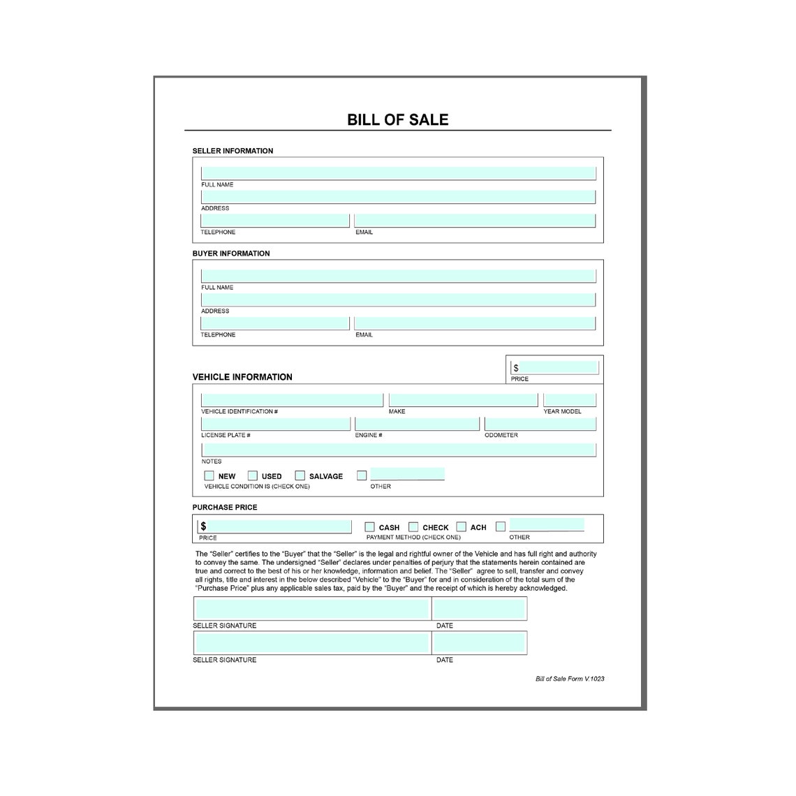 BILL of SALE - Fillable PDF Form - Vehicle, Car, Truck, Motorcycle, Atv ...