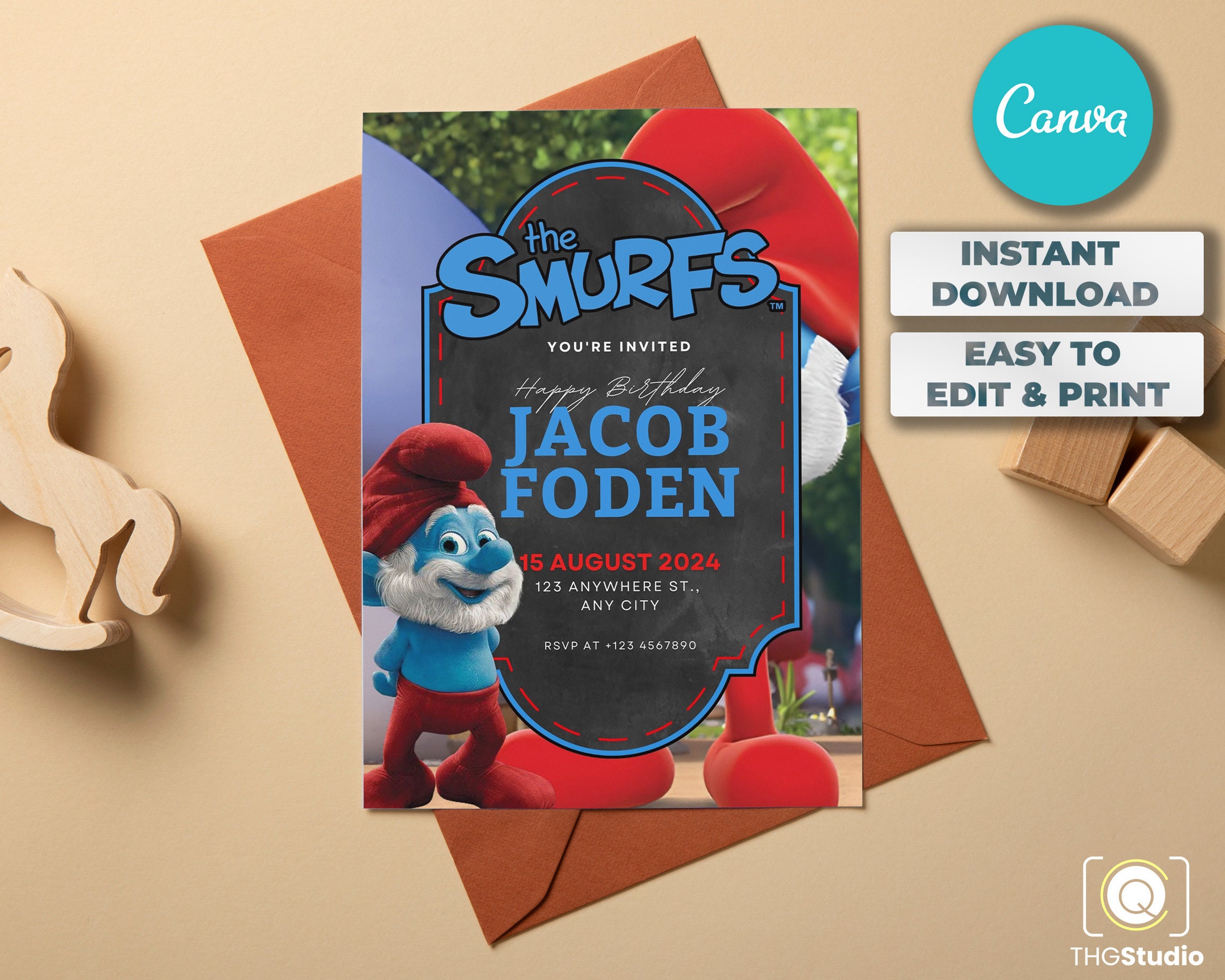 Editable the Smurf Birthday Invitation Digital,printable Smurf Birthday ...