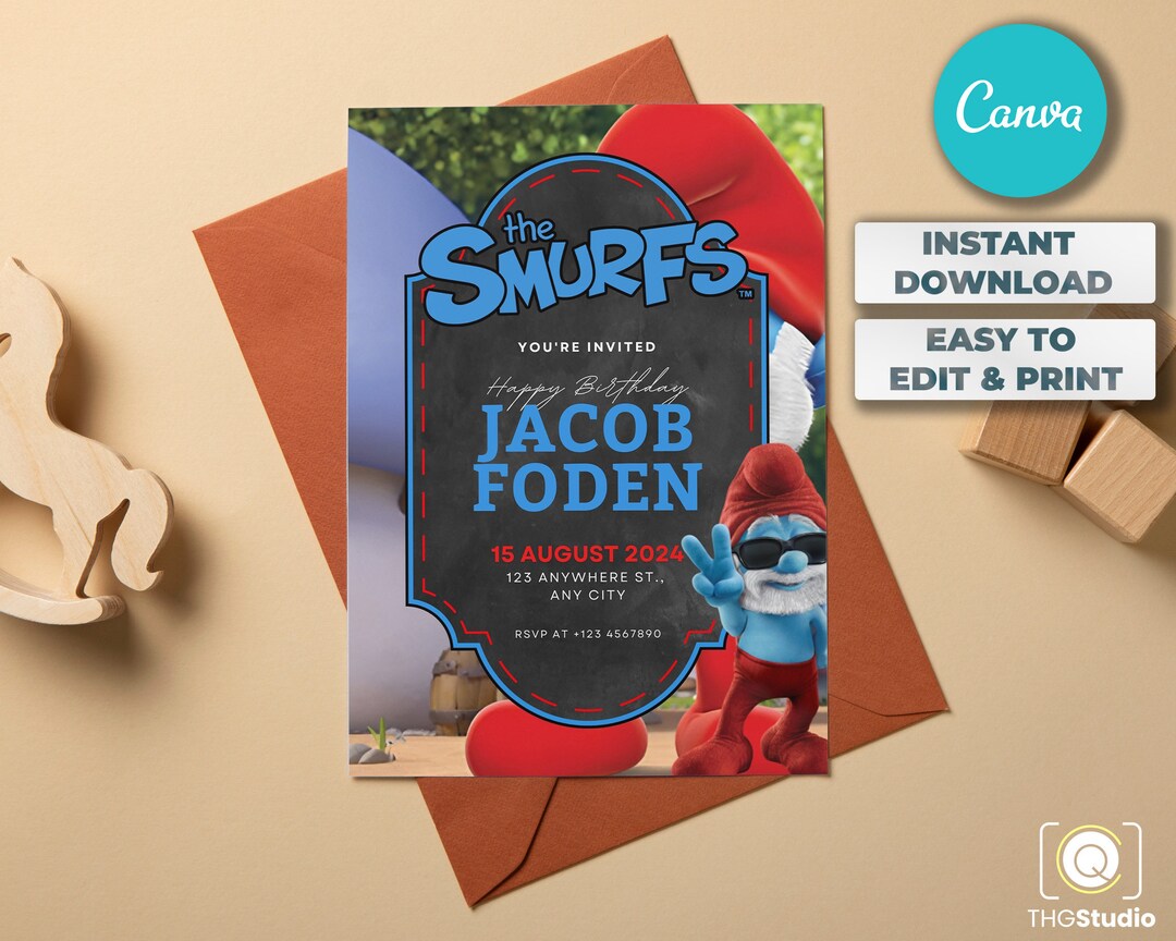 Editable the Smurf Birthday Invitation Digital,printable Smurf Birthday ...