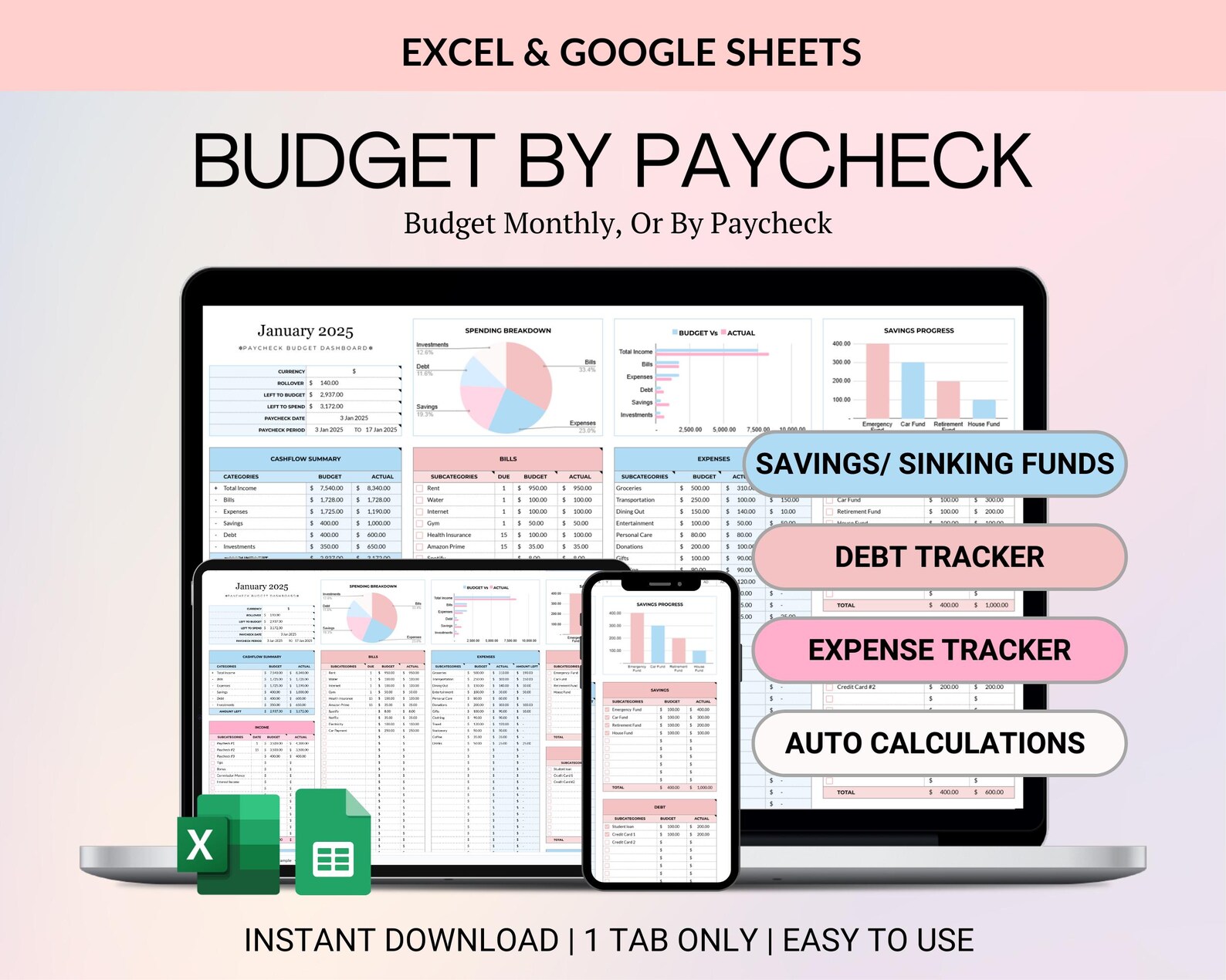 Budget by Paycheck Google Sheets Spreadsheet Excel Monthly Budget ...