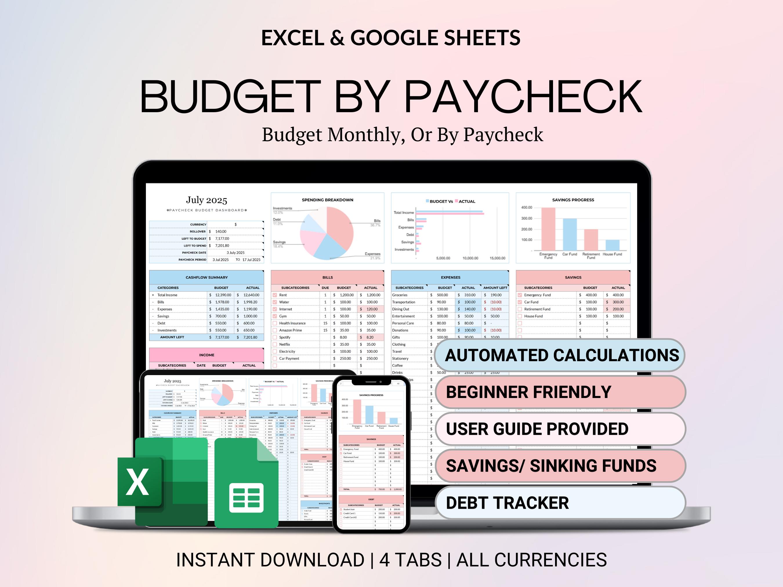 Budget by Paycheck Google Sheets Spreadsheet Excel Monthly Budget ...
