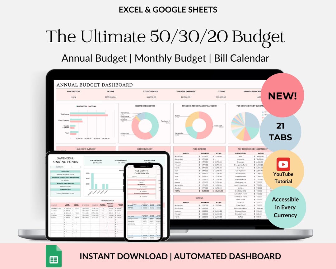 Ultimate Annual 50/30/20 Budget Google Sheets Spreadsheet Planner ...
