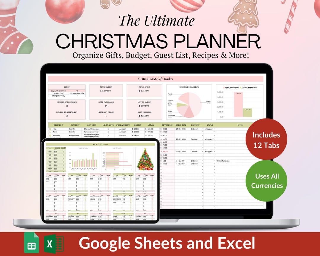 Christmas Planner Budget Spreadsheet Google Sheets Excel Template ...