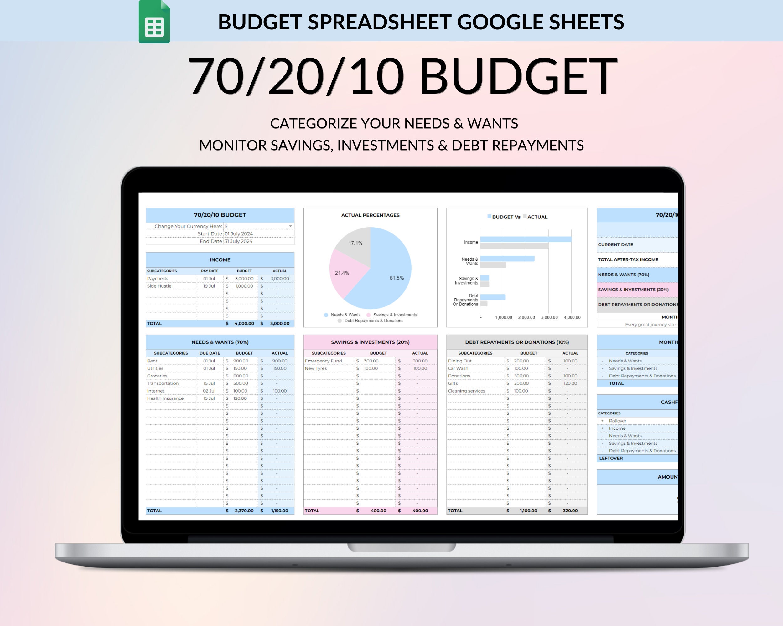 70/20/10 Budget Spreadsheet Excel Google Sheets Monthly Budget Planner ...