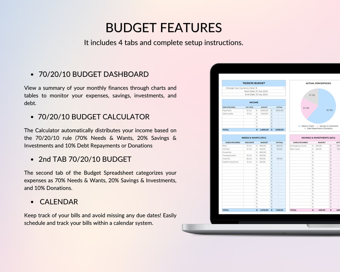 70/20/10 Budget Spreadsheet Excel Google Sheets Monthly Budget Planner ...