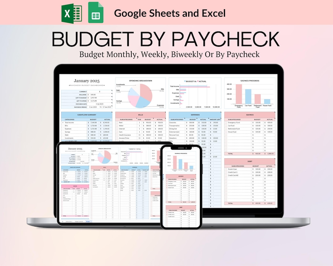Budget by Paycheck Google Sheets Spreadsheet Monthly Budget Weekly ...