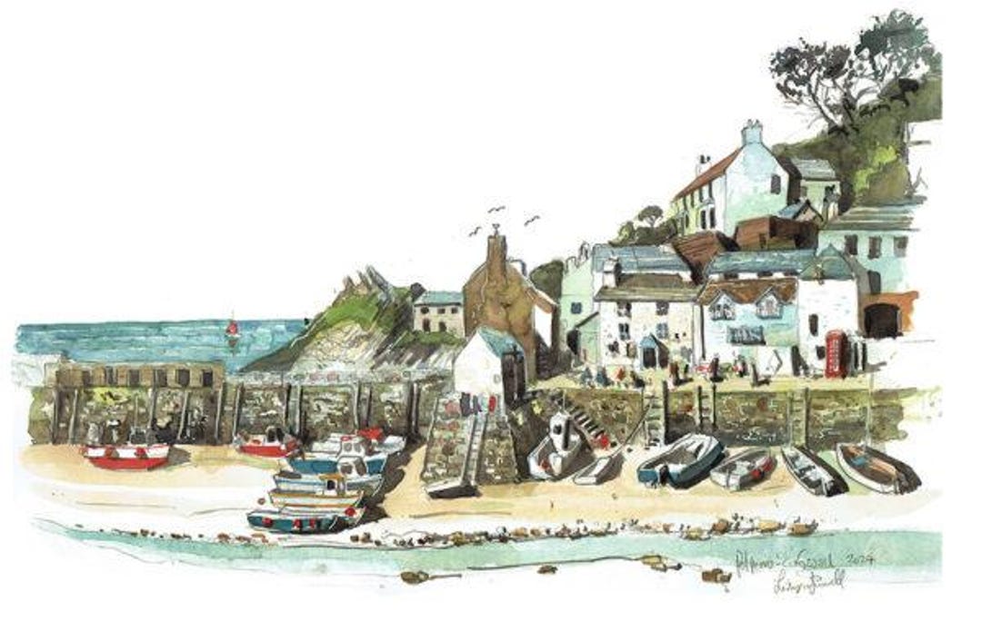 Watercolour Painting of Polperro Harbour in Cornwall - Etsy