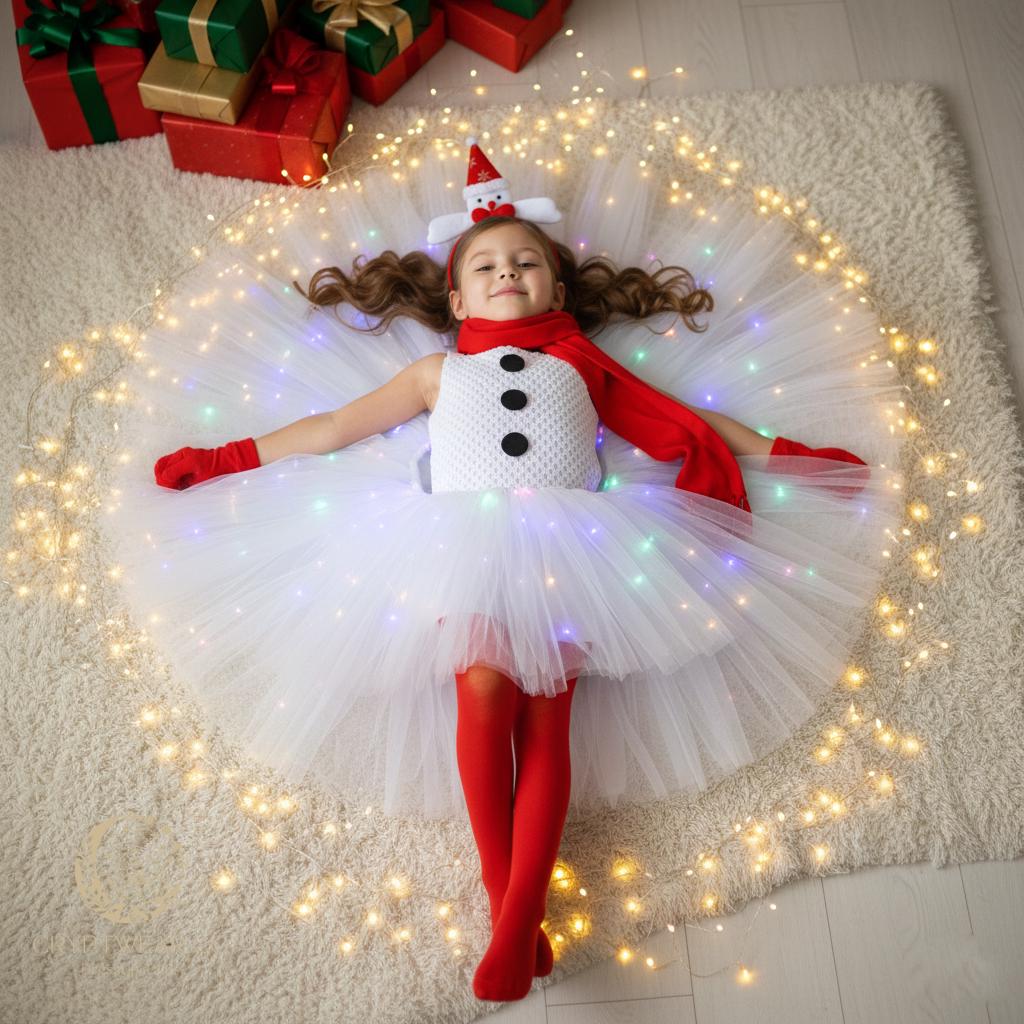 Girls Snowman Dress LED Light up Christmas Costume Princess Tulle Tutu ...
