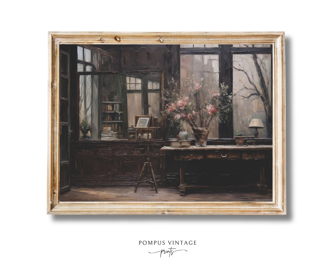 Vintage Estate Library Oil Painting Print - Dark Academia Book Nook ...