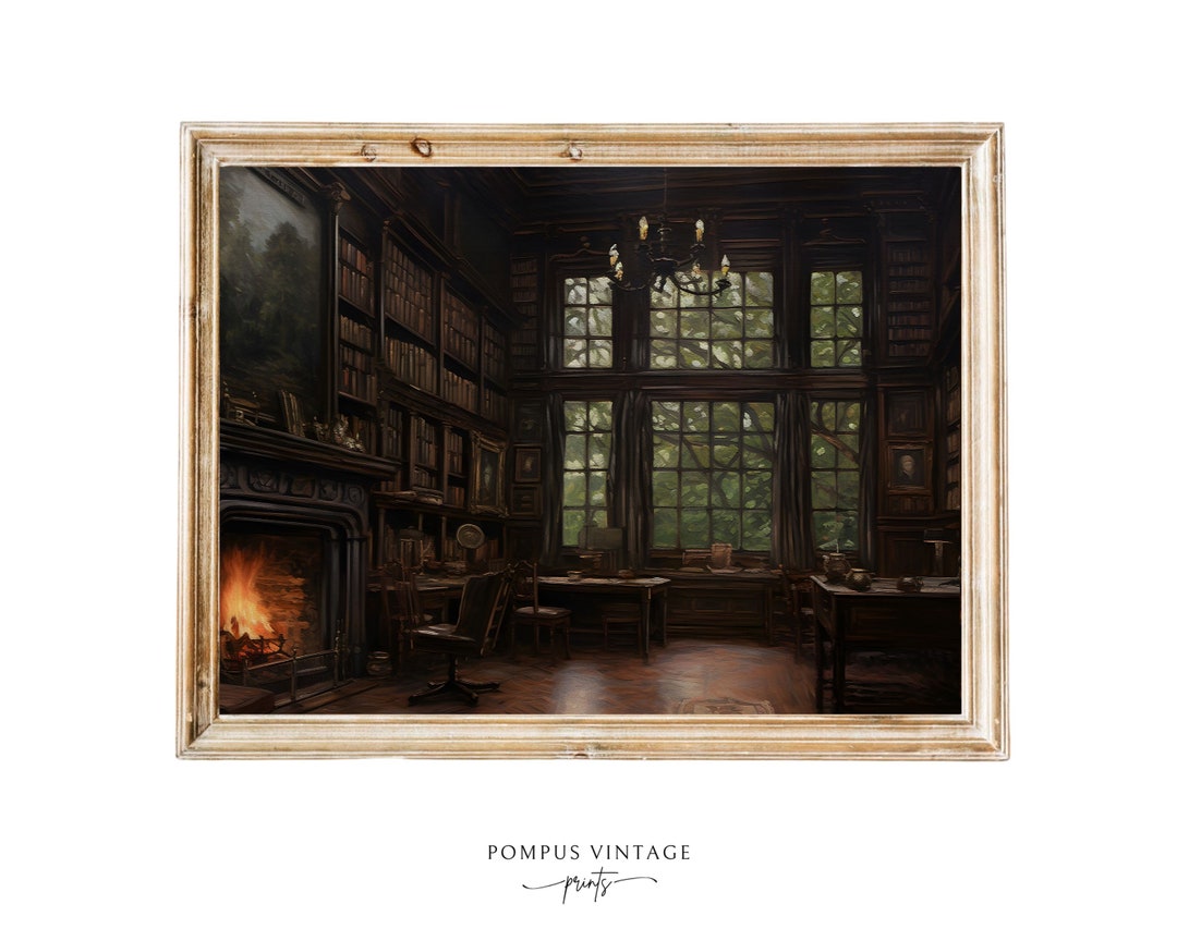 Vintage Estate Library Oil Painting Print - Dark Academia Book Nook ...