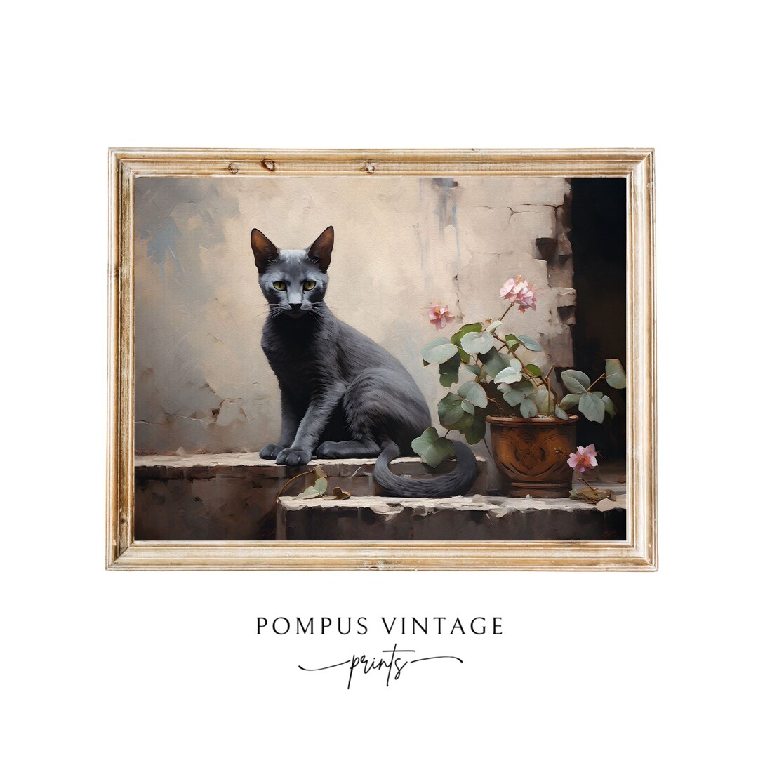 Vintage Gray Korat Cat Art Print, Vintage Cat Painting, Digital Cat Painting, Vintage Cat Decor ...