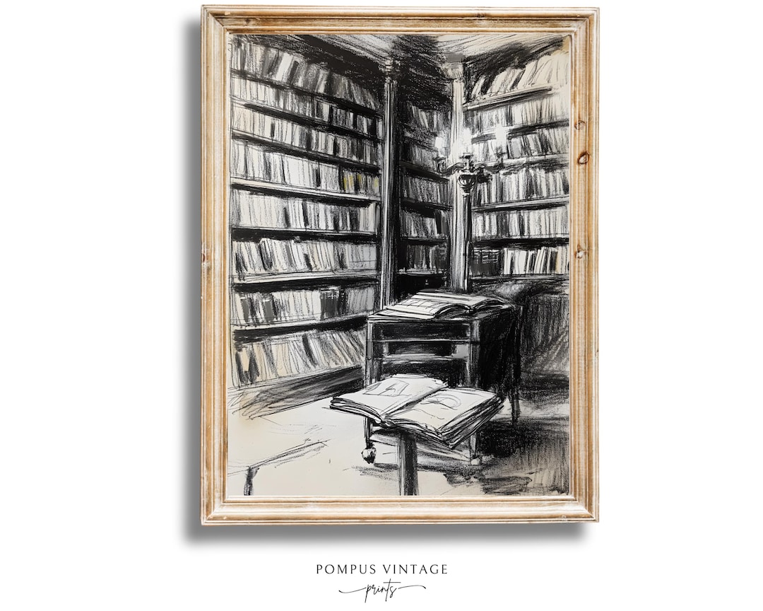 Vintage Library Sketch Print - Dark Academia Book Nook Decor - Vintage ...