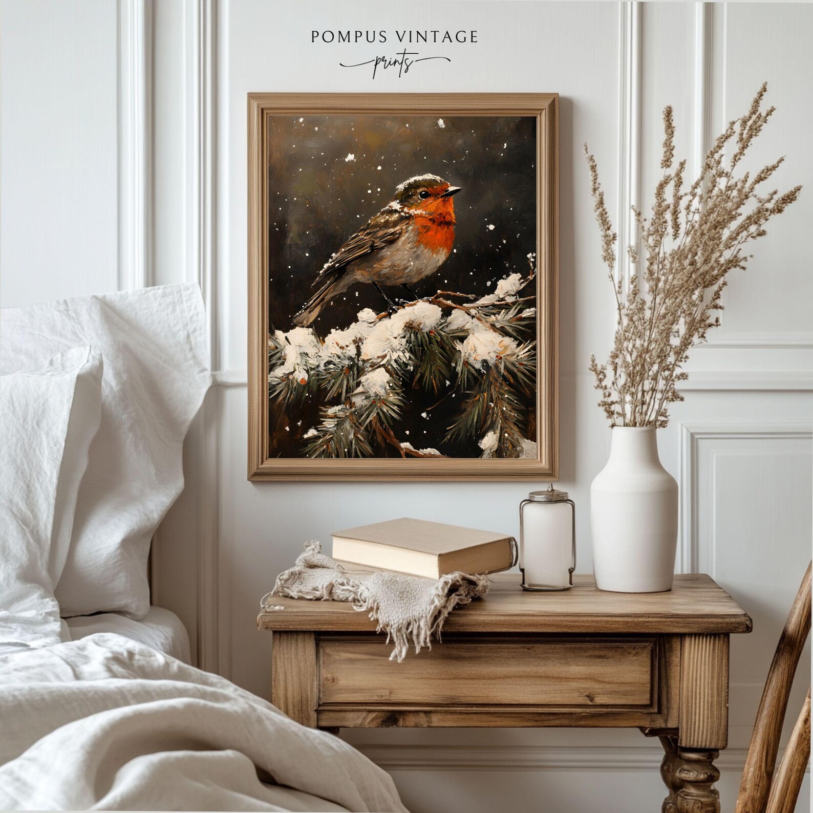 Rustic Robin on Snowy Pine Tree Branch, Fall Nature Print, Snowy Forest ...