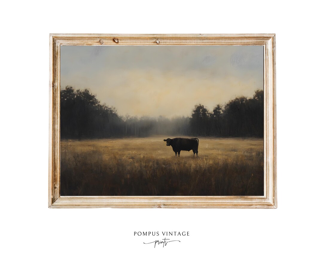 Moody Cow in Fall Landscape | Vintage Farm Print, Cottagecore Wall Art ...