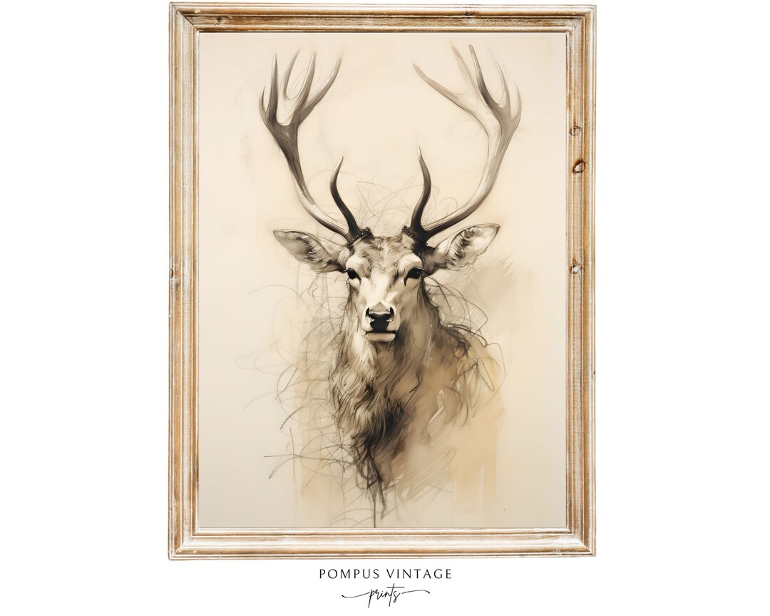 Vintage Deer With Big Antlers Drawing Print - Nature-inspired Art, Stag ...