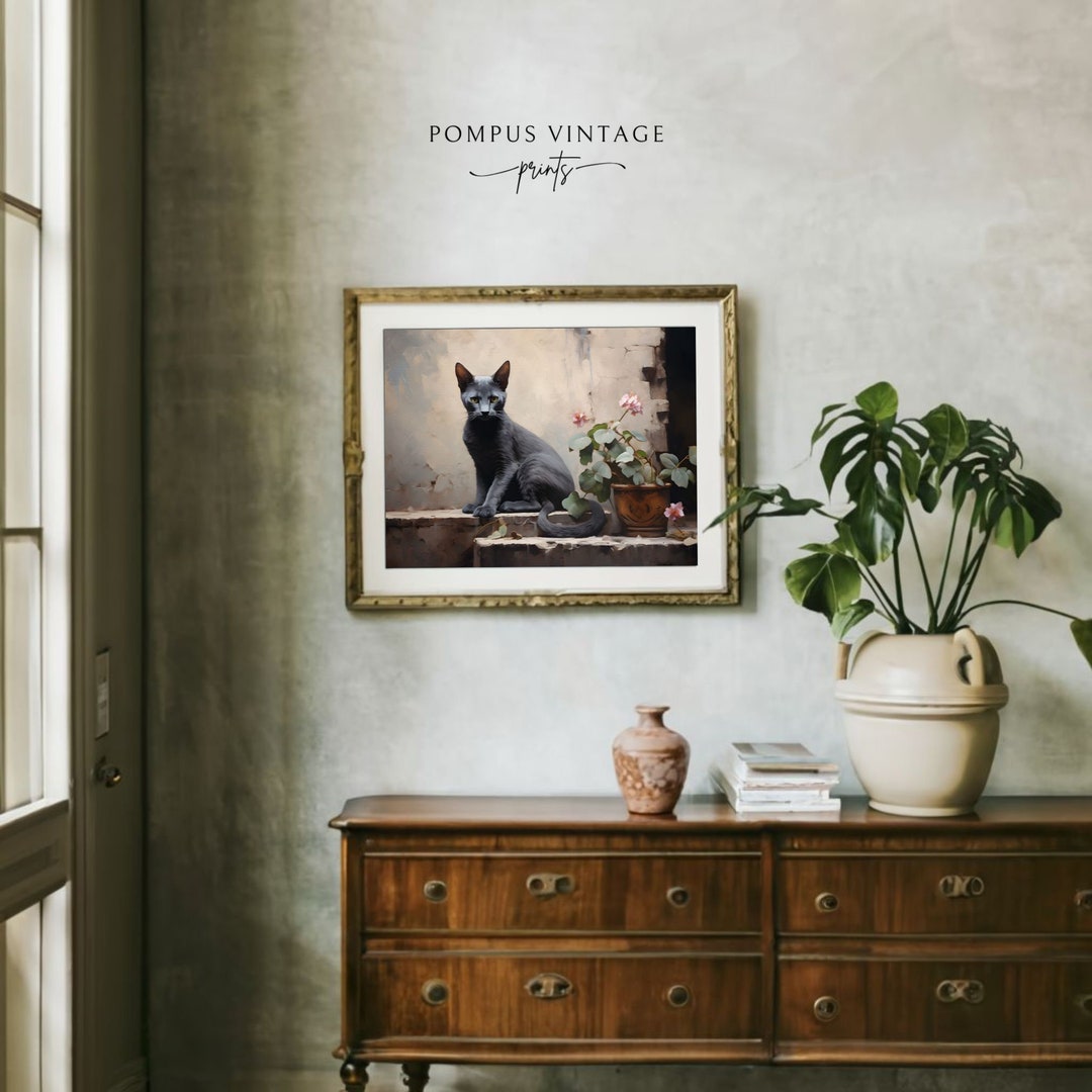 Vintage Gray Korat Cat Art Print, Vintage Cat Painting, Digital Cat Painting, Vintage Cat Decor ...