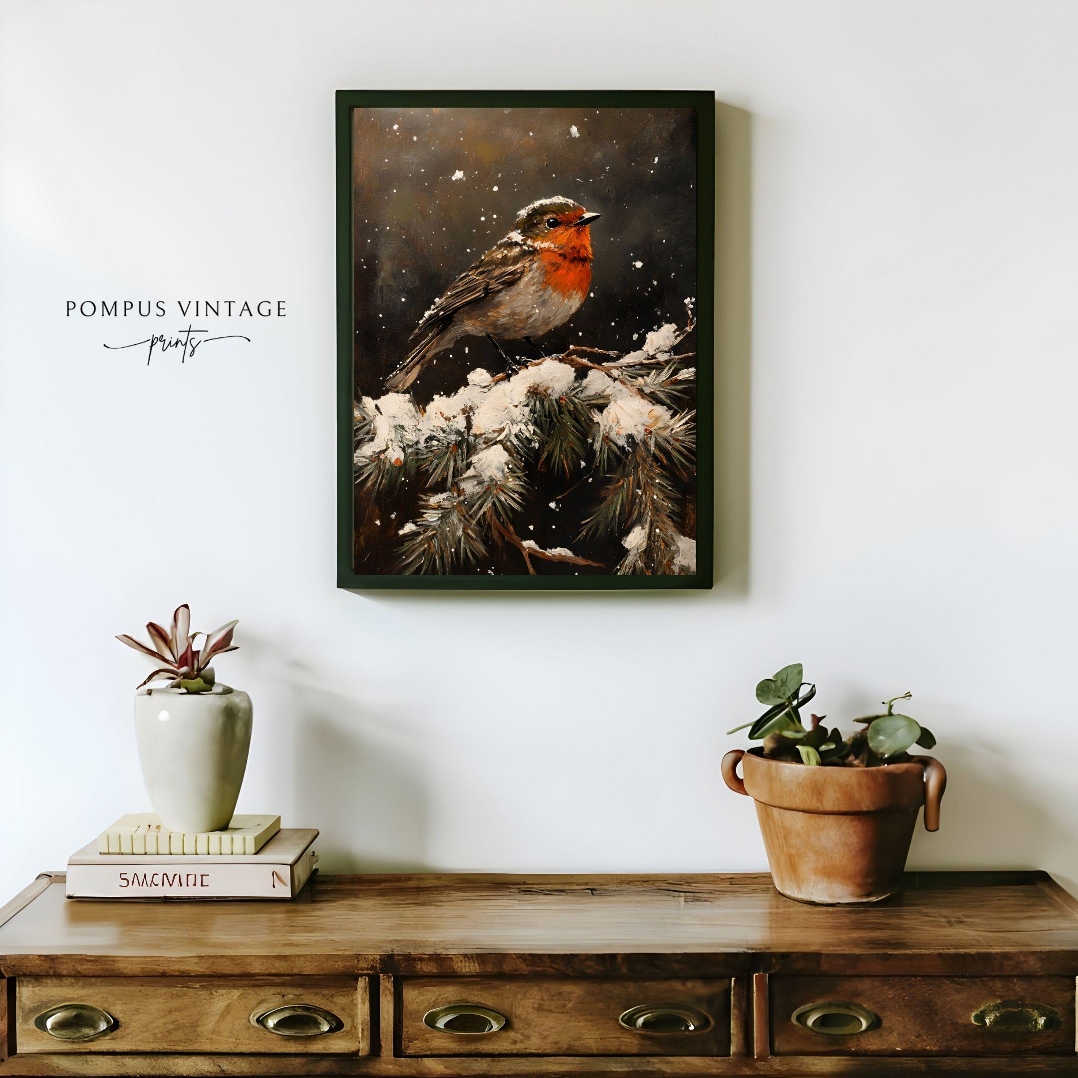 Rustic Robin on Snowy Pine Tree Branch, Fall Nature Print, Snowy Forest ...