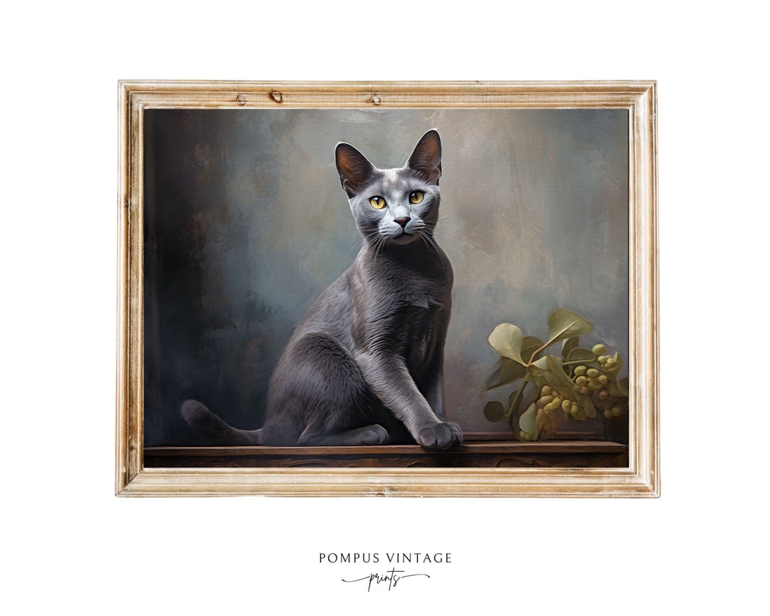 Vintage Gray Korat Cat Art Print, Vintage Cat Painting, Digital Cat Painting, Vintage Cat Decor ...