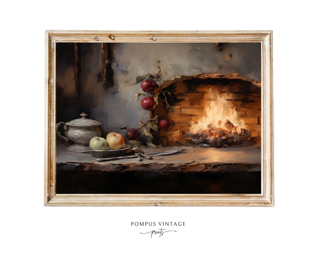 Fireplace Oil Painting Art Print Vintage Kitchen Fireplace Artwork ...