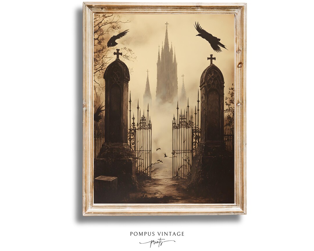 Haunting Gothic Raven Graveyard Print - Vintage Cemetary Raven Painting ...