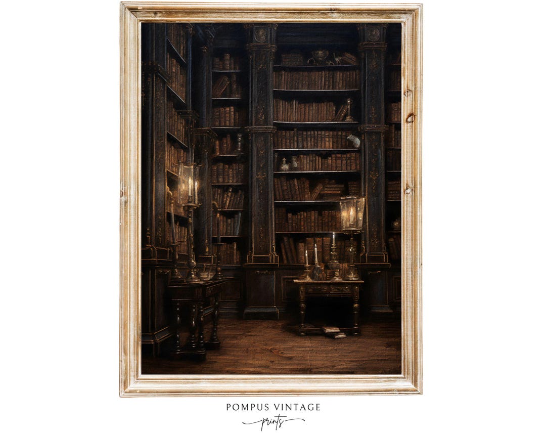 Vintage Estate Library Oil Painting Print - Dark Academia Book Nook ...