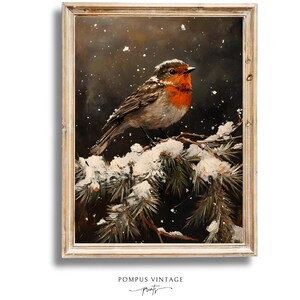 Rustic Robin on Snowy Pine Tree Branch, Fall Nature Print, Snowy Forest ...