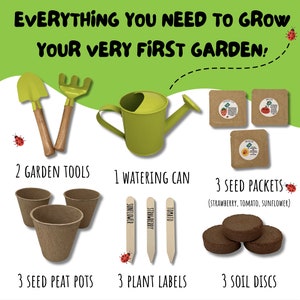 Kids Gardening Set W/ 2 Garden Tools, Watering Can, 3 Different Seeds ...