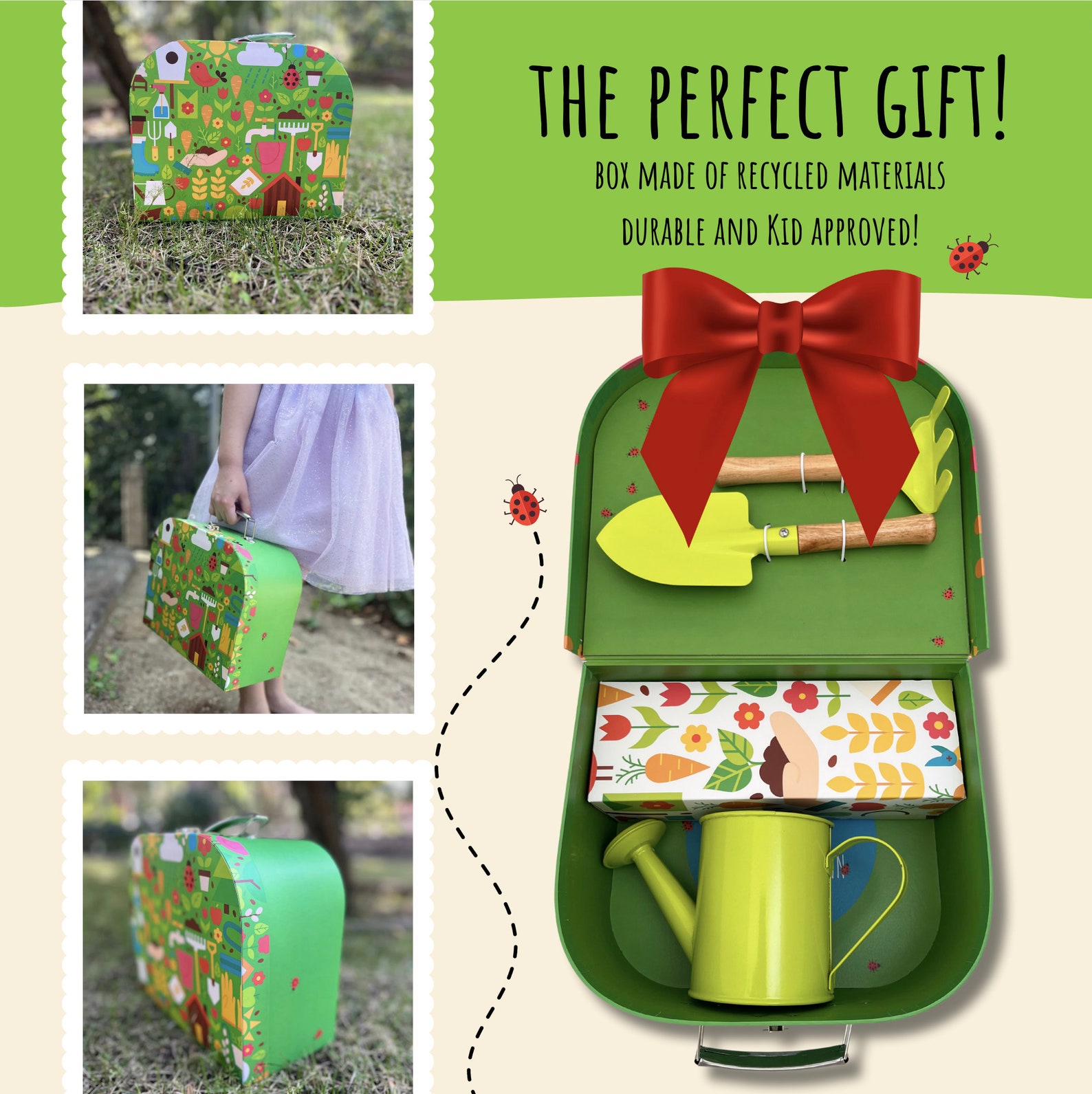 Kids Gardening Set W/ 2 Garden Tools, Watering Can, 3 Different Seeds ...