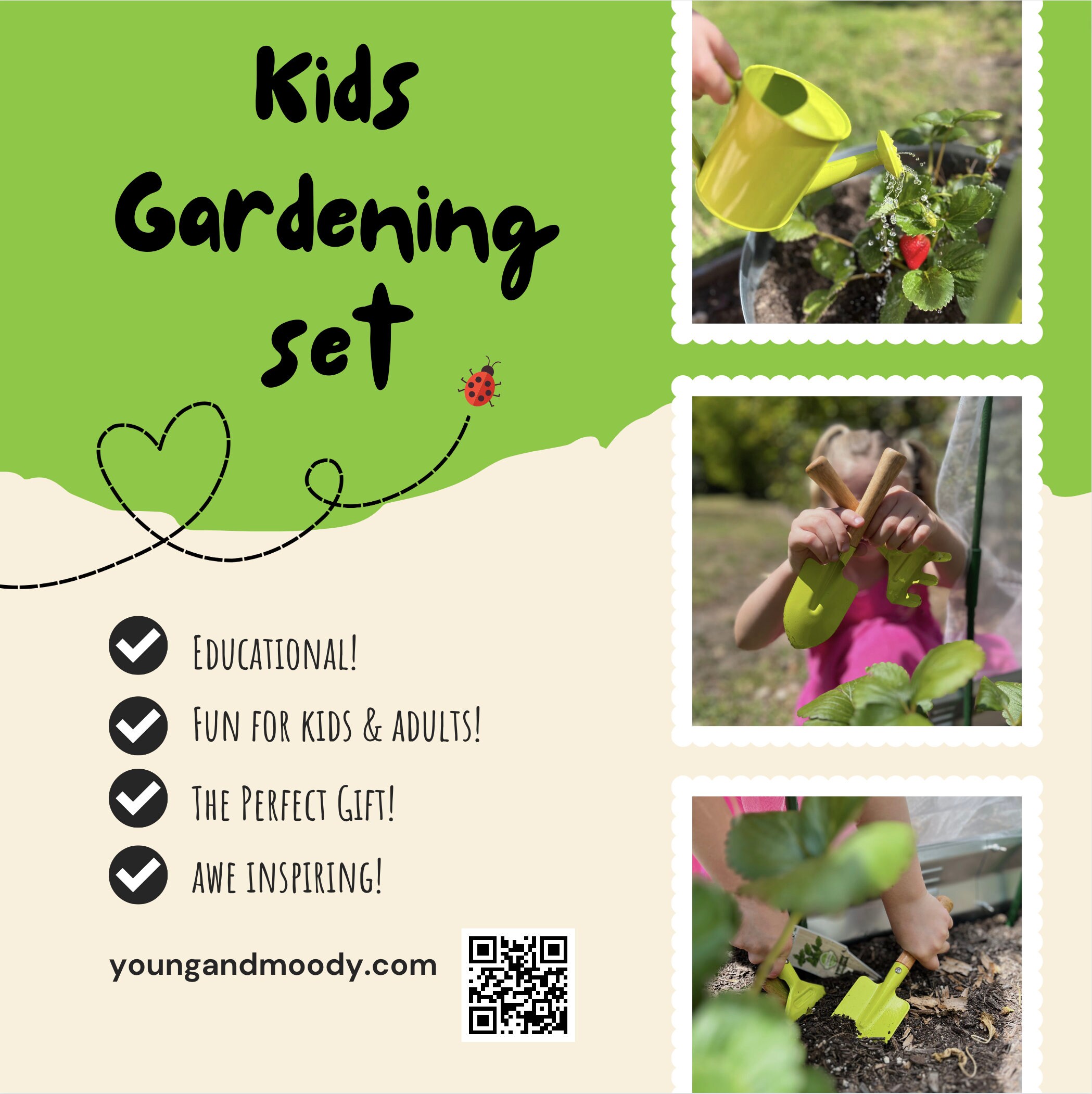 Kids Gardening Set W/ 2 Garden Tools, Watering Can, 3 Different Seeds ...