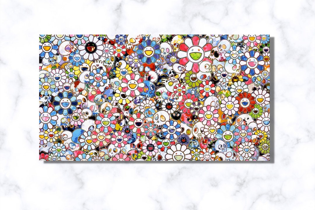 Takashi Murakami Flowers With Smiley Faces Canvas, Murakami Canvas ...