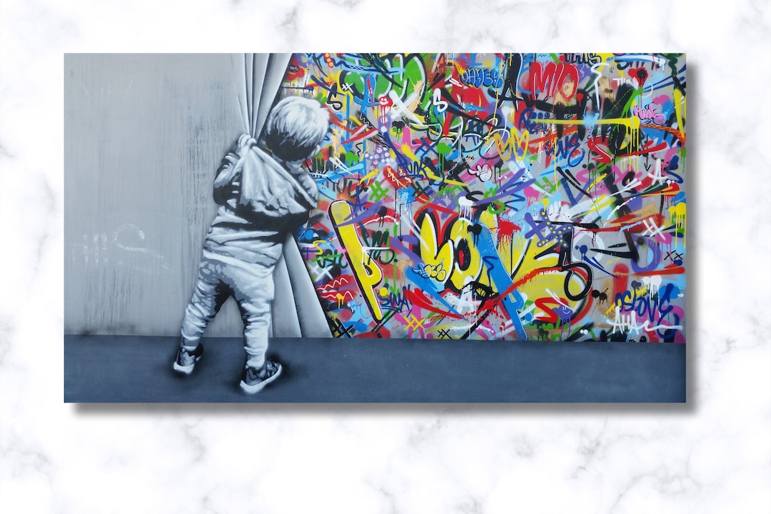 Child Pulling Back Curtain Canvas, Living Room Decor, Banksy Wall Art ...